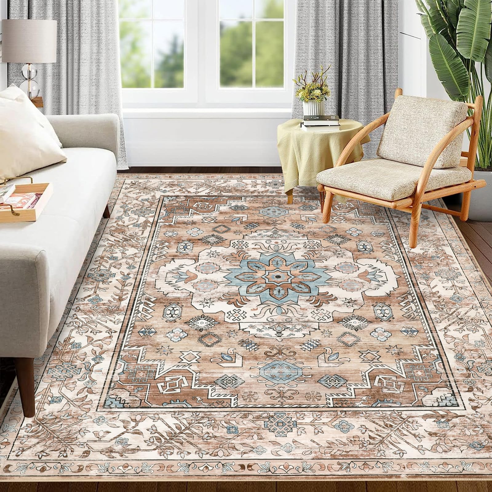 Pauwer Boho Area Rug 5x7 Washable Rugs for Living Room Vintage Non Slip Area Rug Ultra Soft Throw Rugs Carpet for Bedroom Dining Room Dorm