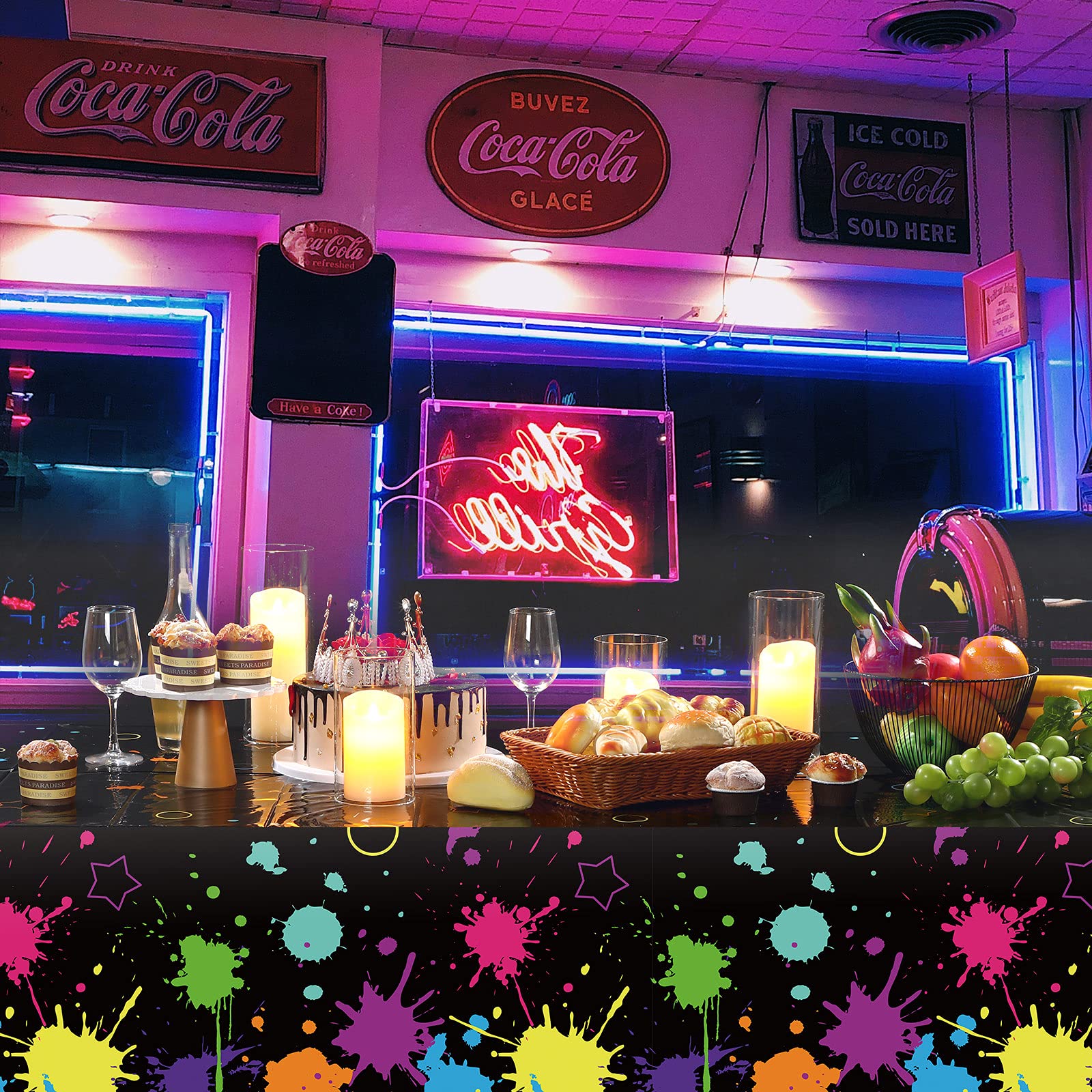 Glow Party Table Covers Neon Party Tablecloths 108 x 54 Inch Glow Party Tablecloths Disposable Plastic Neon Glow Table Cloth for Neon Birthday Party Black Light Party Supplies (3 Pieces)
