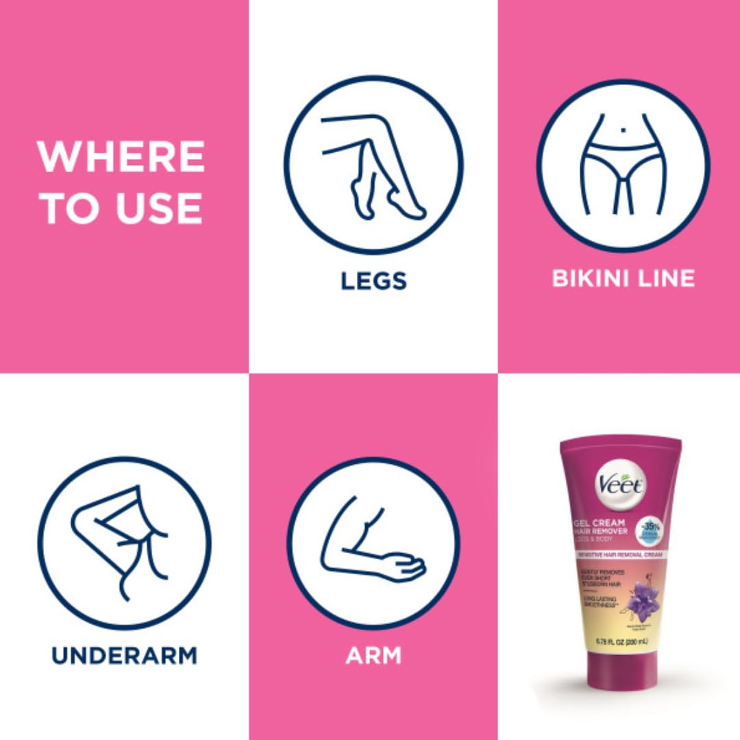 Veet Sensitive Skin Formula with Aloe Vera and Vitamin E, Dermatologically Tested Hair Removal Gel Cream 6.76 Fl Oz. for Legs & Body (3 Pack)