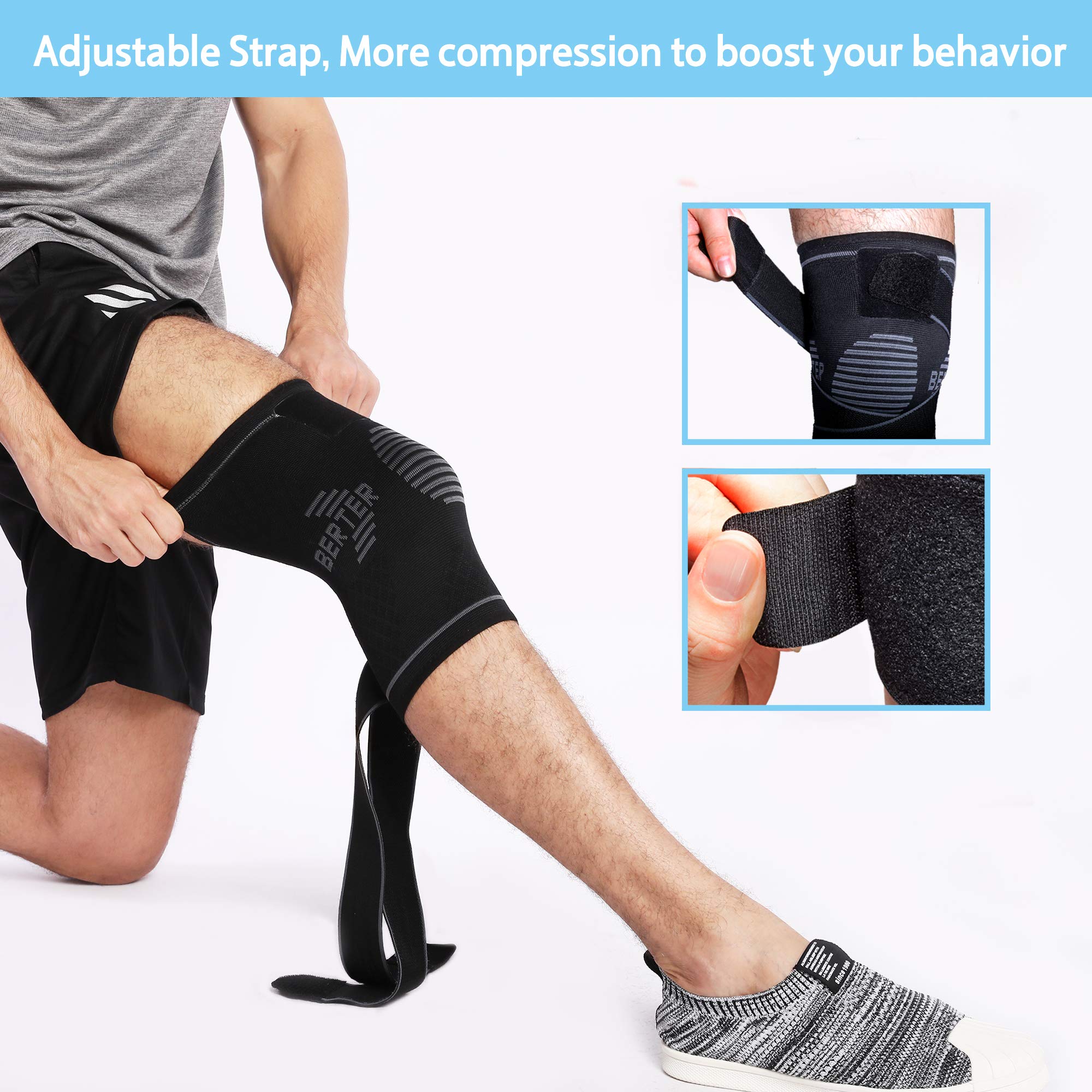 BERTER Knee Brace for Men Women - Compression Sleeve Non-Slip for Running, Hiking, Soccer, Basketball for Meniscus Tear Arthritis ACL Single Wrap (Update Compression Straps Version, X-Large)