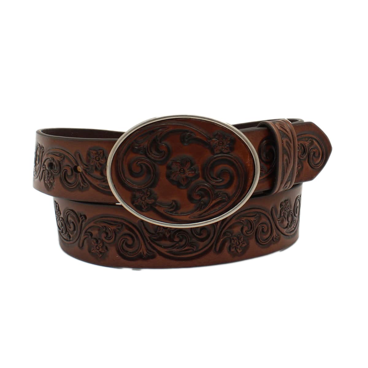 ARIAT Ladies 1.5" Flower Tooled Strap and Buckle Brown Leather Belt (Small)