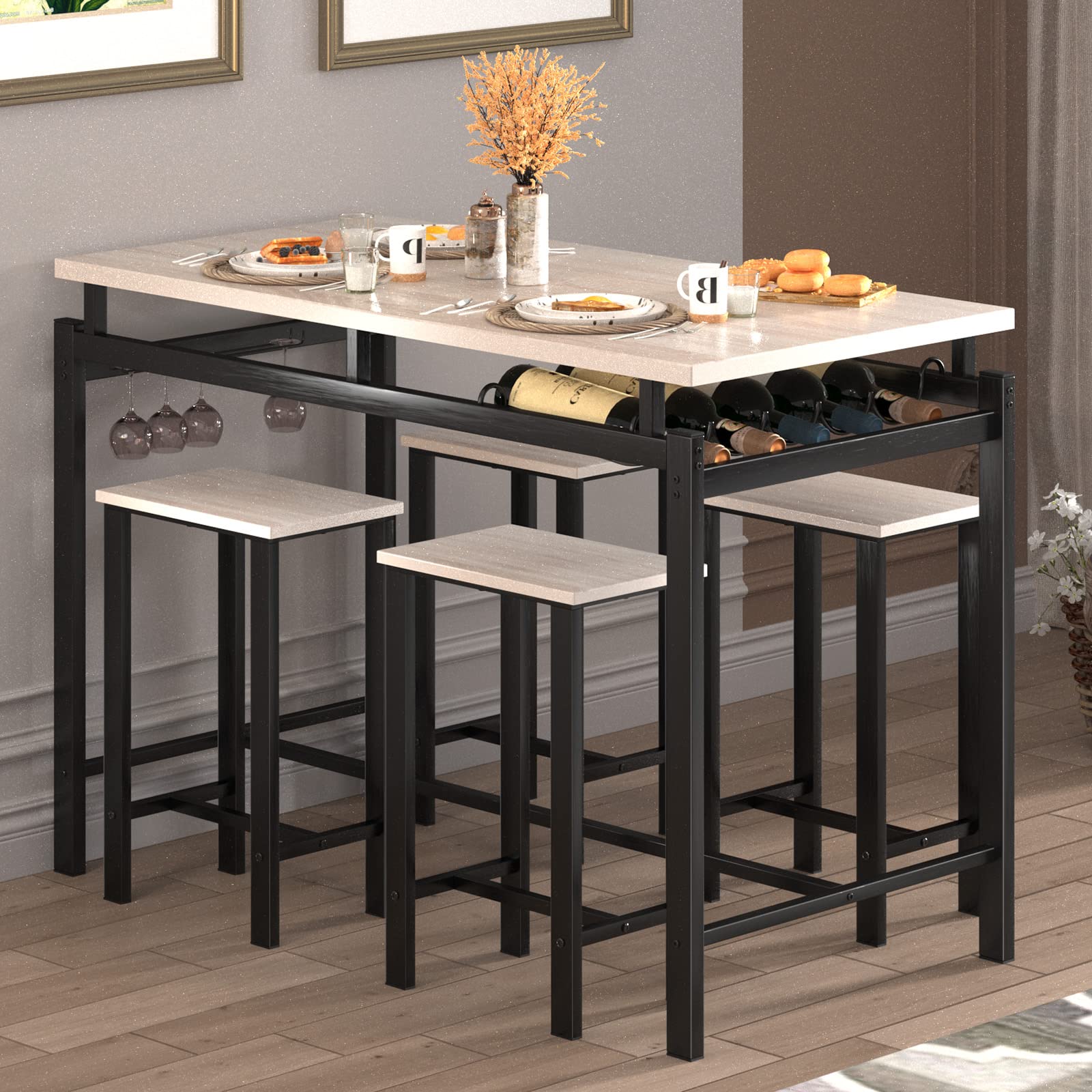 basenji Dining Table Set for 4, 5 Piece Kitchen Table and Chairs with Wine Rack and Glass Holder, Bar Table and Chairs Set Space Saving for Pub Breakfast (Oak Wine Rack)