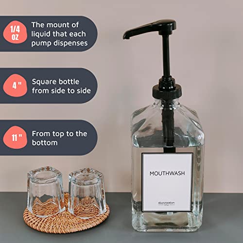 eBun® 37oz Mouthwash Pump Dispenser Black - Bathroom Hand Soap Dispenser Set Glass, Dish Soap Dispenser for Kitchen Sink, Bathroom Essential, Holder Decanter with Cup, Kids Mouthwash Pump Bottle