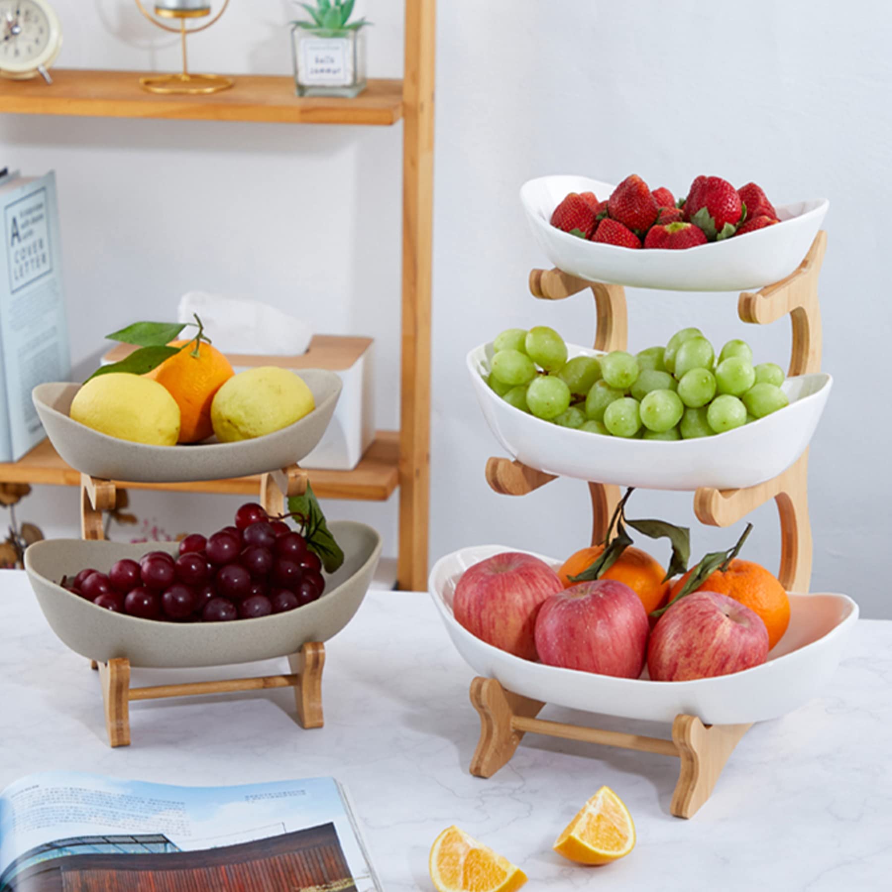 Ceramic Oval Tiered Serving bowls Tray Set,White 3 Tier Ceramic Fruit Bowl with Bamboo Wood Stand for Sushi, Dessert, Fruit, Vegetables, Appetizer, Cake, Candy, Chip Dip (White, 3-Tier)