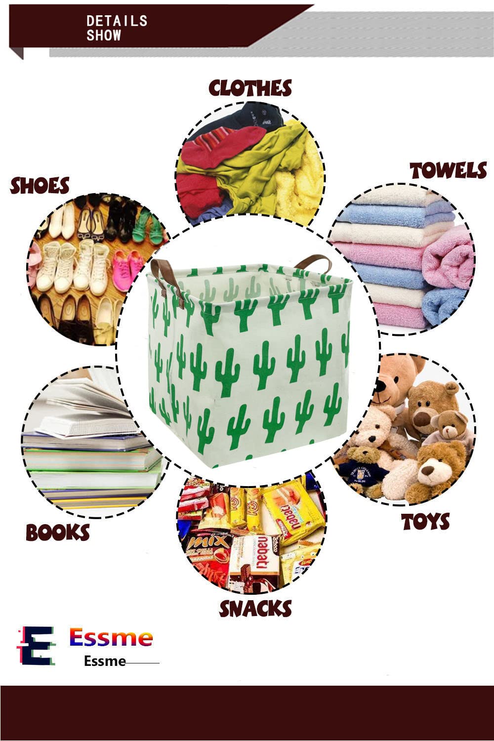 ESSME 3PACK Square Storage Bin,Cotton Fabric Laundry Baskets,Collapsible Waterproof Toy Storage Bin with Handles for Family Storage,Shelf Baskets,Bedroom(3pack Cactus)