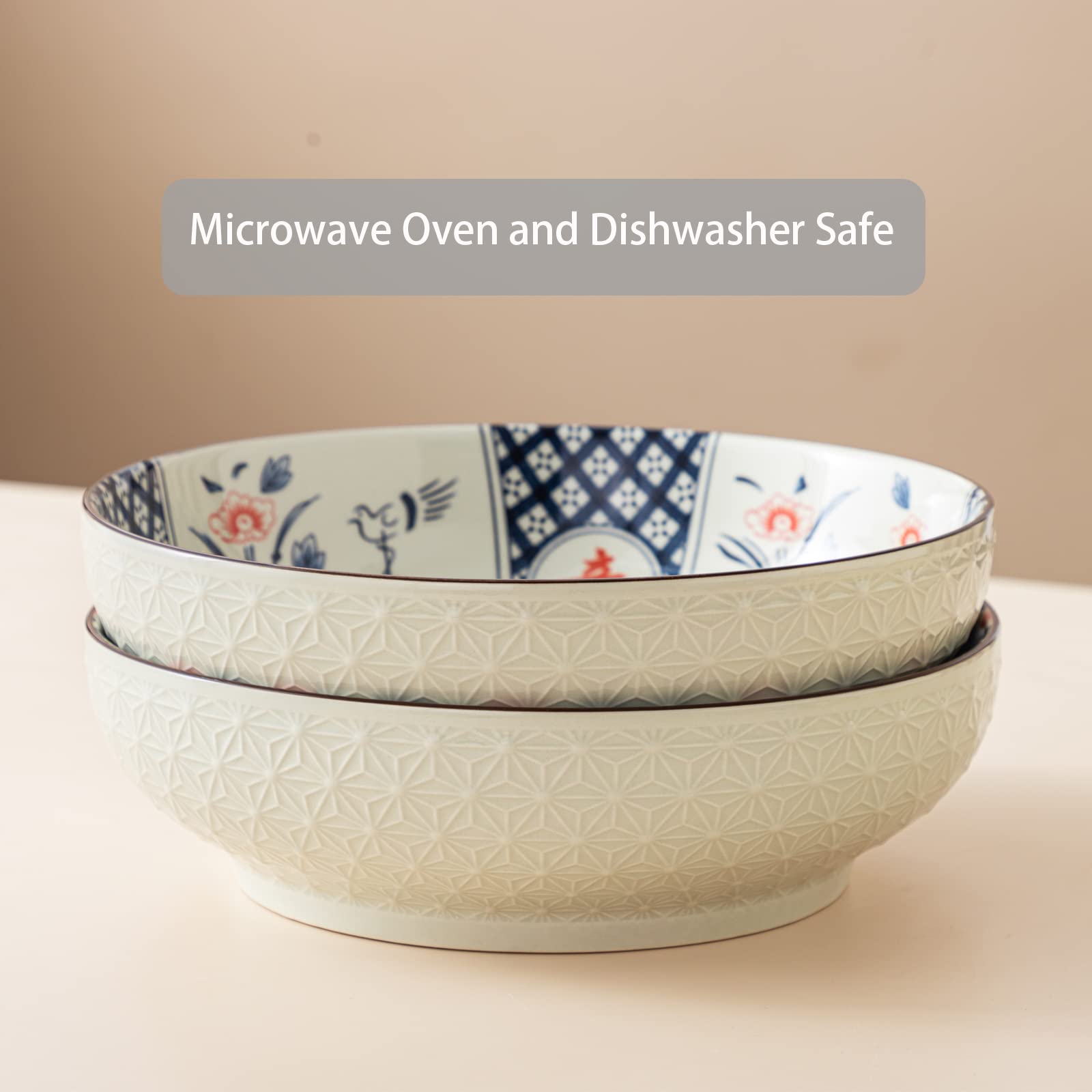 Ceramic Pasta Bowls,9.25 inch Large Salad Bowls,deep 2.76inch,72oz,Set of 3,Microwave and Oven Safe,Dishwarebowls for Serving Dinner, Salad, Soup, Oatmeal, Mix-Match Pattern, Gift