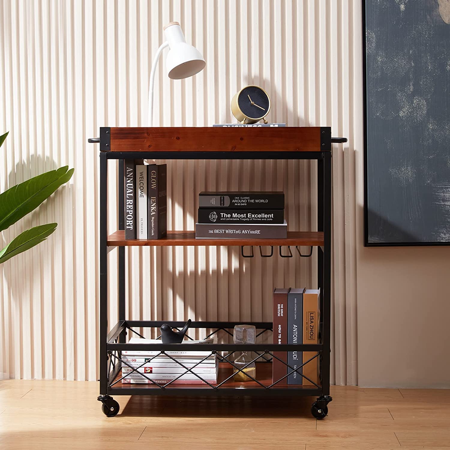 AVAWING Industrial Kitchen Serving Carts, 3 Tier Bar Cart Mobile Kitchen Island with Removable Wood Tabletop, Glass Holder, Removable Tray, Lockable Wheels for Kitchen, Dining Room, Living Room, Brown
