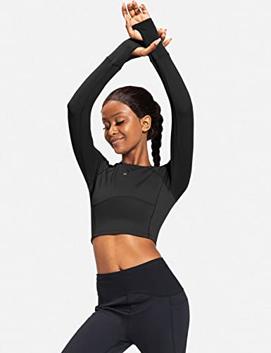 BALEAF Women's Long Sleeve Crop Top Workout Athletic Shirt Running Top Slim Fit Black M