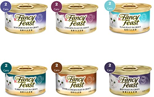 Fancy Feast Grilled Wet Canned Food cat Food Bundle, Variety Pack :02 Seafood,02 Chicken, 02 Tuna,02 Turkey,02 Liver&Chicken,02 Beef Grilled. Pack of 12 cans in Total. Plus Booklet.