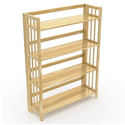 STONY EDGE 4-Tier Folding Bookshelf | Natural Wood Finish | 45x32x11.5 Inches | Book Shelf for Books and Trinkets | No Assembly Required | Foldable & Small Bookshelf for Home and Office