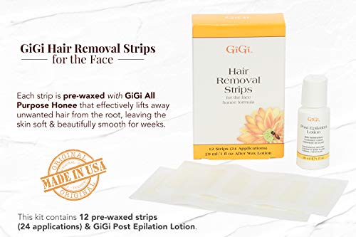 GiGi Hair Removal Strips | For the Face | Pre-Waxed with GiGi All-Purpose Honee Formula, 12 Strips