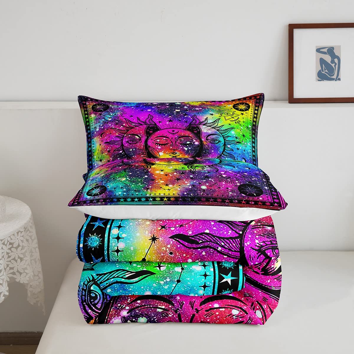 Erosebridal Bohemian Sun Moon Comforter Boho Hippie Bedding Set King 3 Piece Colorful Tie Dyed Comforter Sets Aesthetic Trippy Galaxy Duvet Set Psychedelic Mystic Stars Quilt Set for Kids Teens Adults