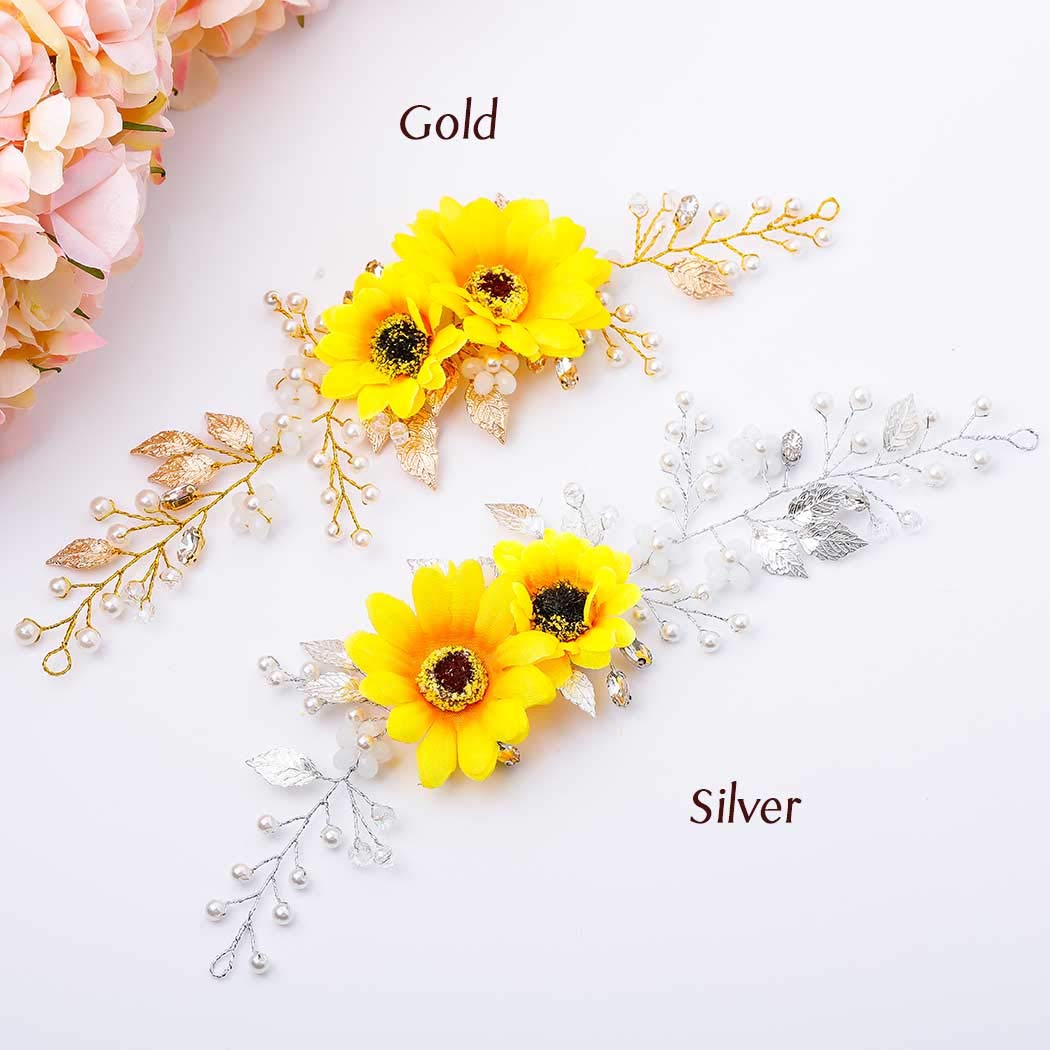 BAROGIRL Wedding Hair Vine Accessory Sunflower Bride Headpiece Gold Flower Headband for Women and Girls (Silver)
