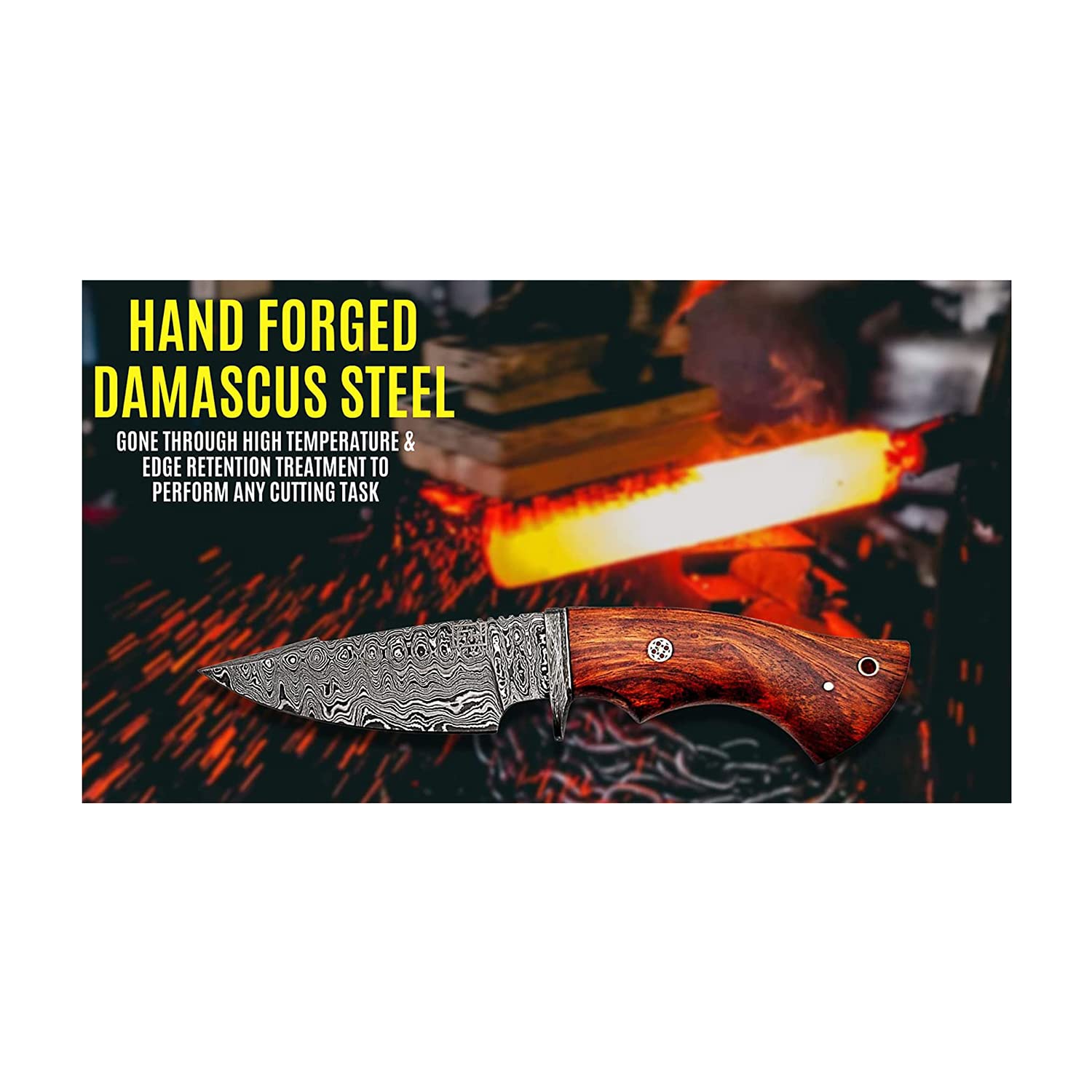 B H 9.7 Inch Handmade Damascus steel hunting knife | Bushcraft Knife with Sheath for Men | Fixed Blade Non-Slip Walnut wood Handle