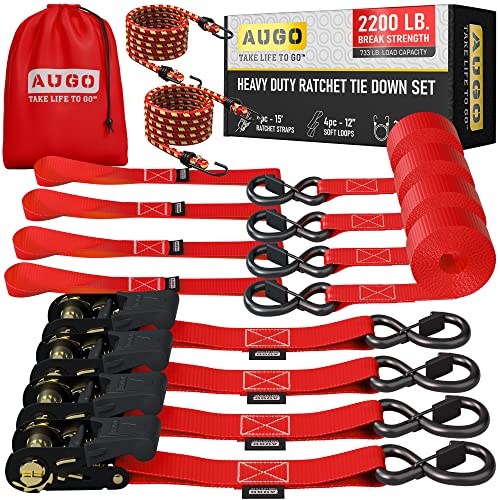 AUGO Ratchet Straps Heavy Duty 4 Pack -15 FT - 2200 LB Break Strength ā Ratchet Tie Down Straps with Safety Lock S Hooks - Cargo Straps for Moving, Appliances, Motorcycle ā Soft Loop Tie Down Straps