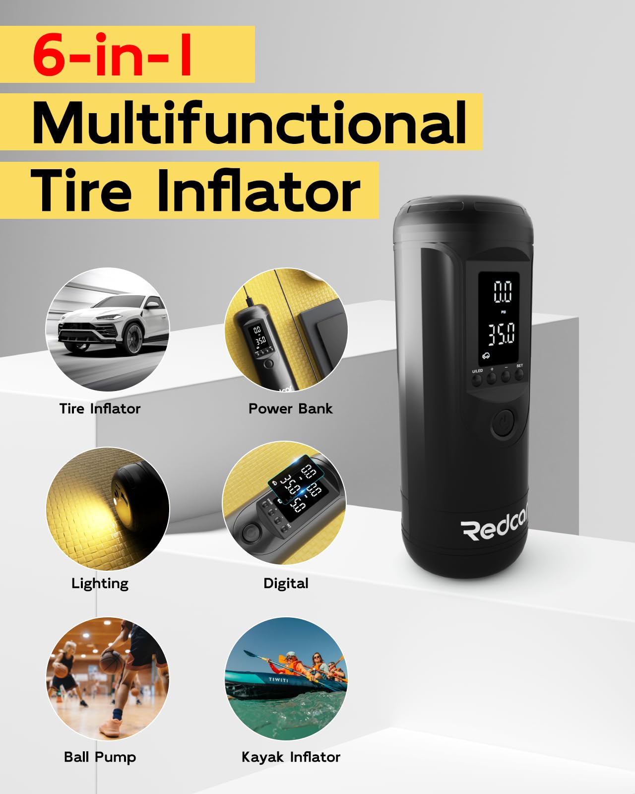 Redcar Cordless Air Inflator, Portable Tire Pump with Digital Gauge, 150 PSI, Rechargeable Battery, LED Light, for Car Tires, Bicycle, Motorcycle, Balls & Inflatables