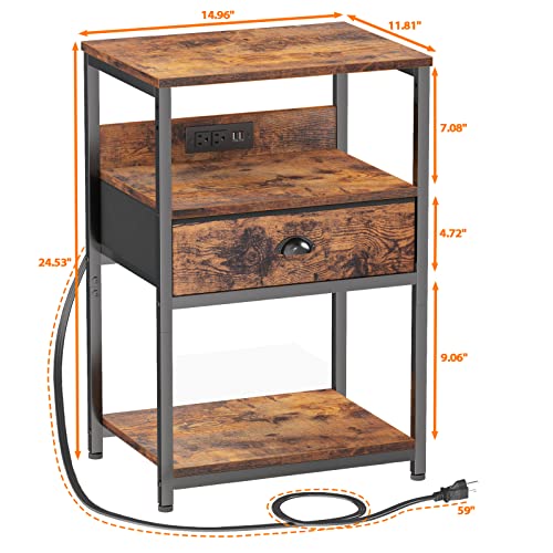 Furologee Nightstand with Charging Station, End Table with USB Ports&Power Outlets, 3-Tier Storage Shelf Tall Bedside Table, Industrial Side Table with Fabric Drawer for Bedroom/Living Room/Study