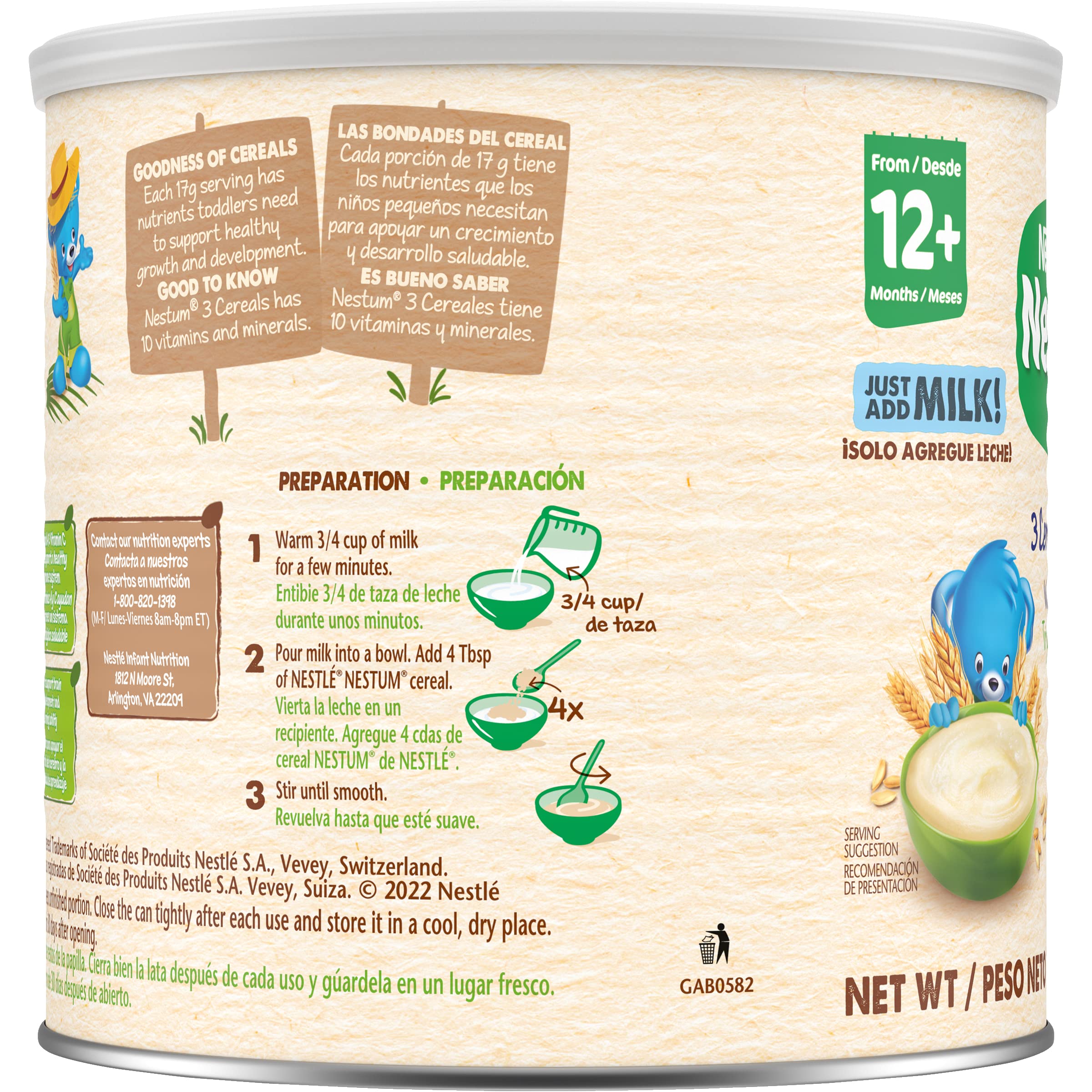 Nestle Nestum Junior Cereal, 3 Cereals - Wheat, Corn & Rice, Made for Toddlers 12 Months, 14.1 OZ Canister (Pack of 3)