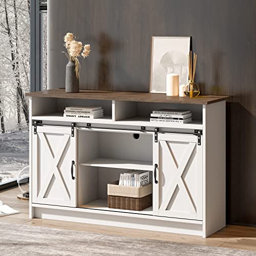 HOMBCK Coffee Bar Cabinet, Farmhouse Buffet Cabinet with Barn Door, White Coffee Bar Sideboard with Storage for Living Room, Dining Room, Hallway, Console Table, Accent Cabinet, White