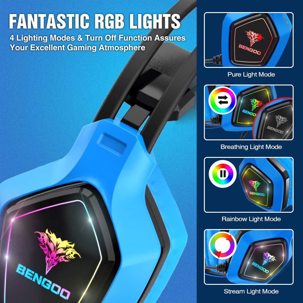 BENGOO USB Pro Gaming Headset for PC PS4, 7.1 Surround Sound Gaming Headphones with Noise Cancelling Mic, in-Line Volume/Mic/EQ Control, Soft Memory Earmuffs RGB Lights for Laptop Mac Nintendo 64