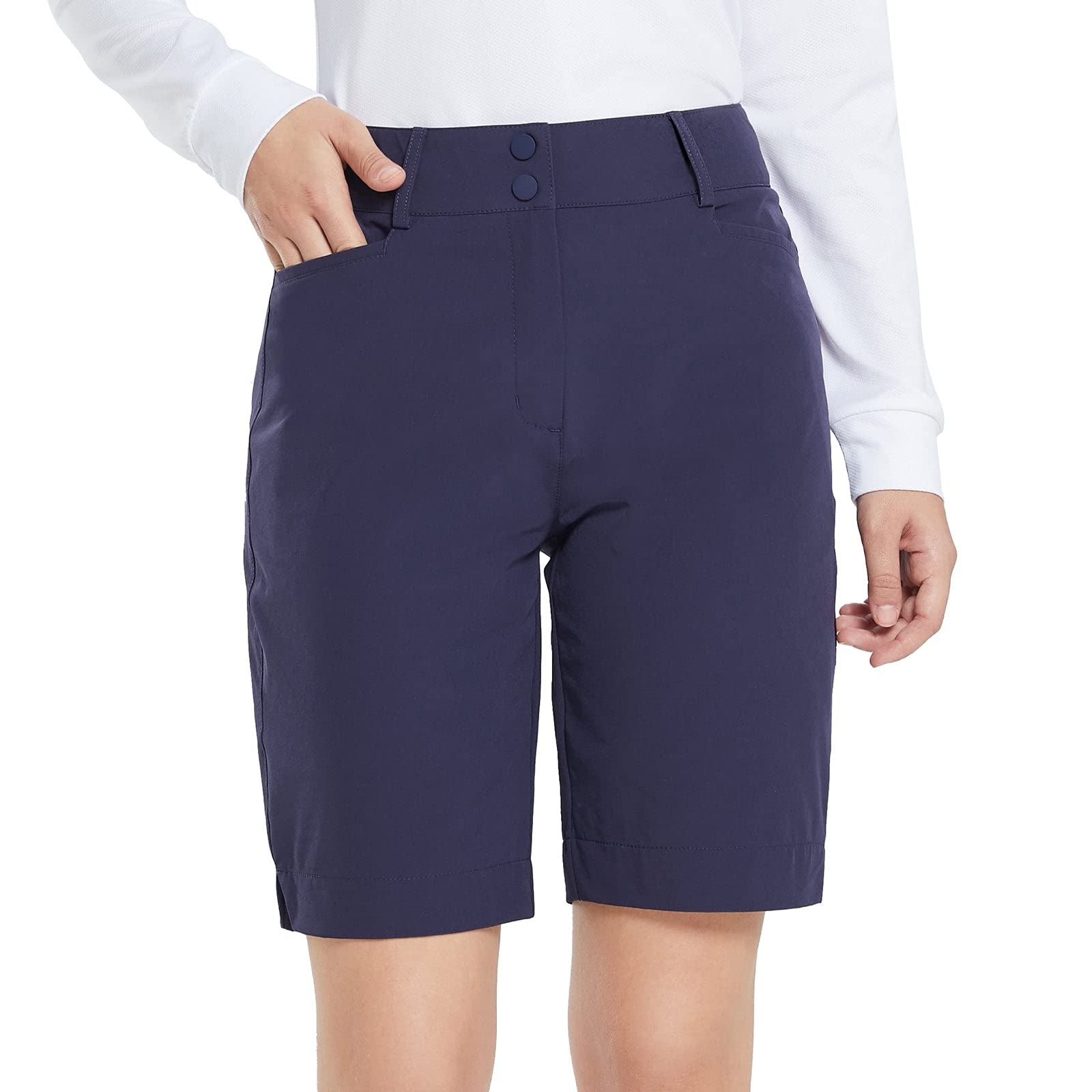 BALEAF Women's Golf Shorts 9" Bermuda Long Short Knee Length Stretch with Pockets Golfing Apparel for Ladies Navy Blue XXL