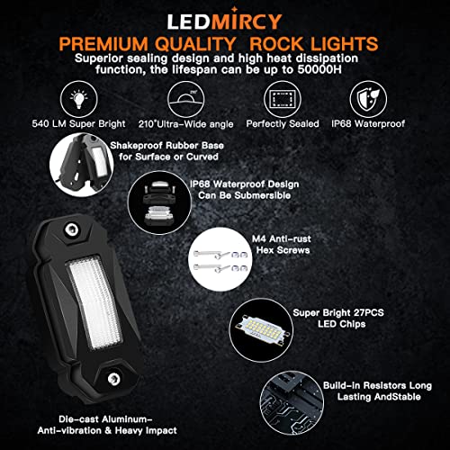 LEDMIRCY R2 White LED Rock Lights 8PCS for JE-EP Trucks Off Road ATV UTV SUV RZR Pure White Under Body Light Super Bright High Power Under Glow Light Trail Rig Lights Waterproof for Car Auto Boat