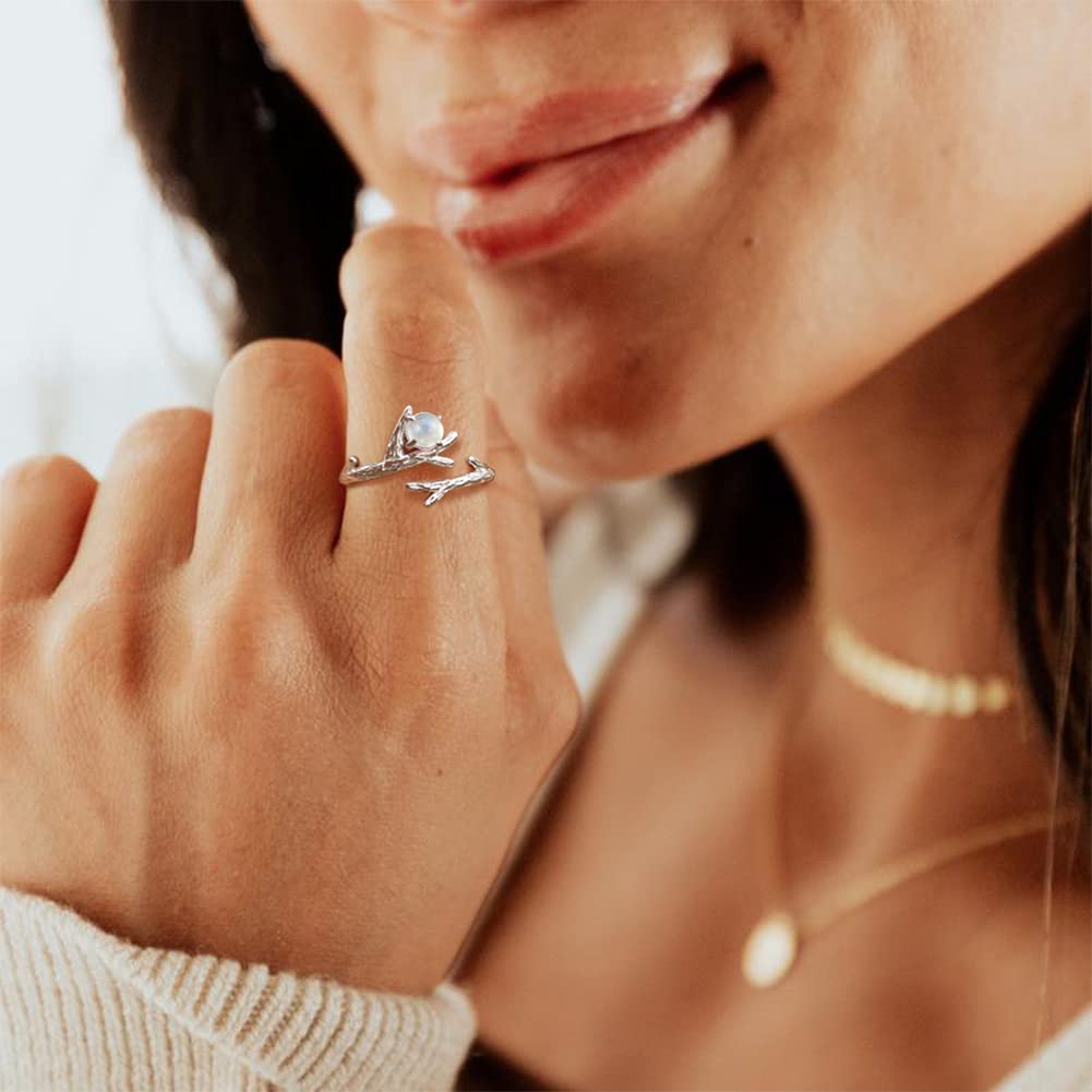 Angol Moonstone Rings Sterling Silver Adjustable Genuine Moonstone Ring with Irregular Branches for Birthday Anniversary Weeding Engagement for Women
