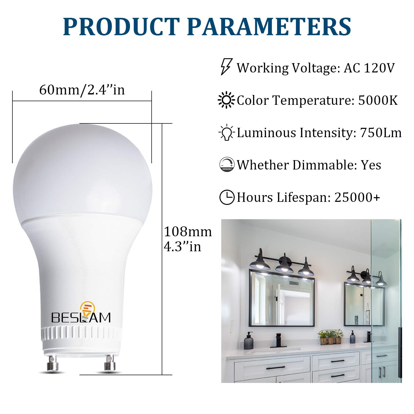 BESLAM A19 9W Led Light Bulbs, Gu24 Twist & Lock Base, 2 Prong Bulb,60W Equivalent, 5000K Cool White, 750 Lumens, UL Listed & Energy Star, Dimmable 6-Pack
