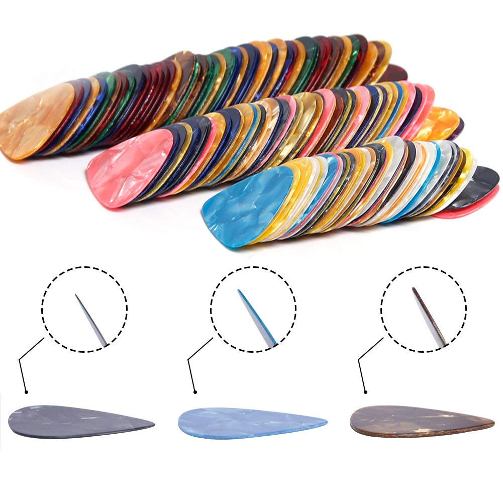 Augshy Guitar Picks, 150 Pack Premium Celluloid Guitar Pick Variety Pack Thin, Medium & Heavy Gauges for Acoustic Guitar, Electric Guitar, Bass(0.46 0.71 0.96 mm)