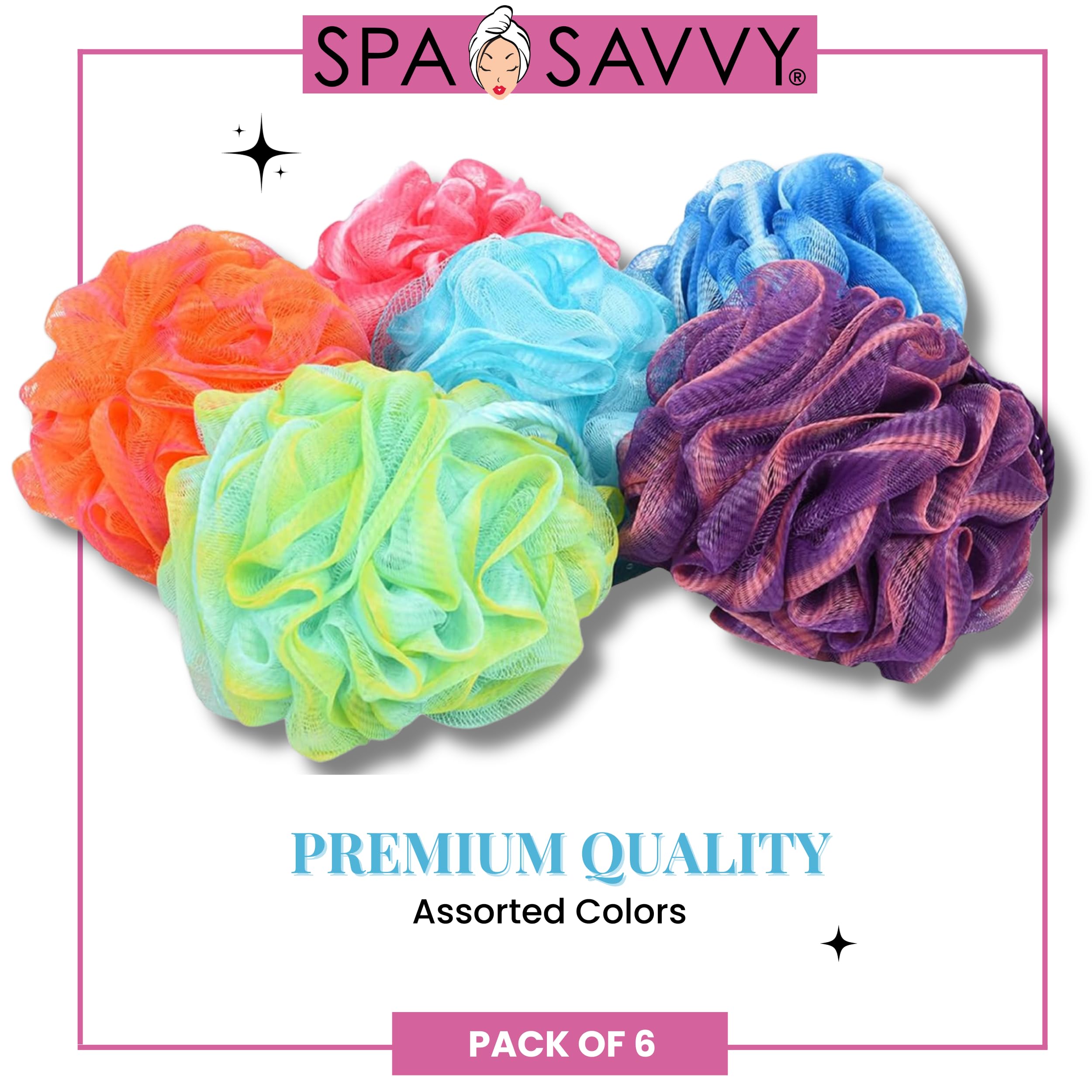 Spa Savvy Bath Loofah Set, Pack of 6 Shower Body Sponges with Suction Cups for Men and Women, Exfoliating Pouf Bath Accessories, Multicolor