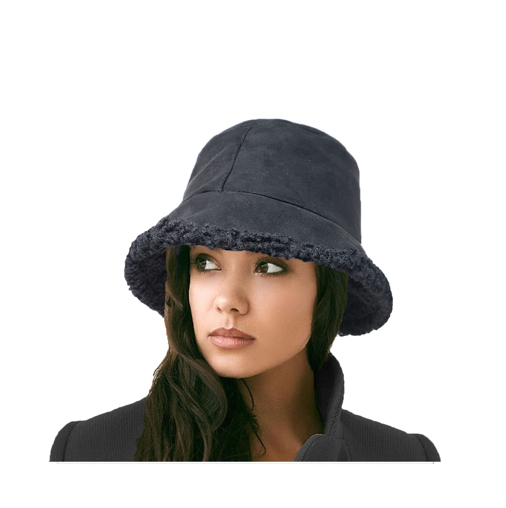 BA UNIQUE FASHION Reversible Solid Color Women Winter Faux Suede Fur Bucket Hat (Black Tone)