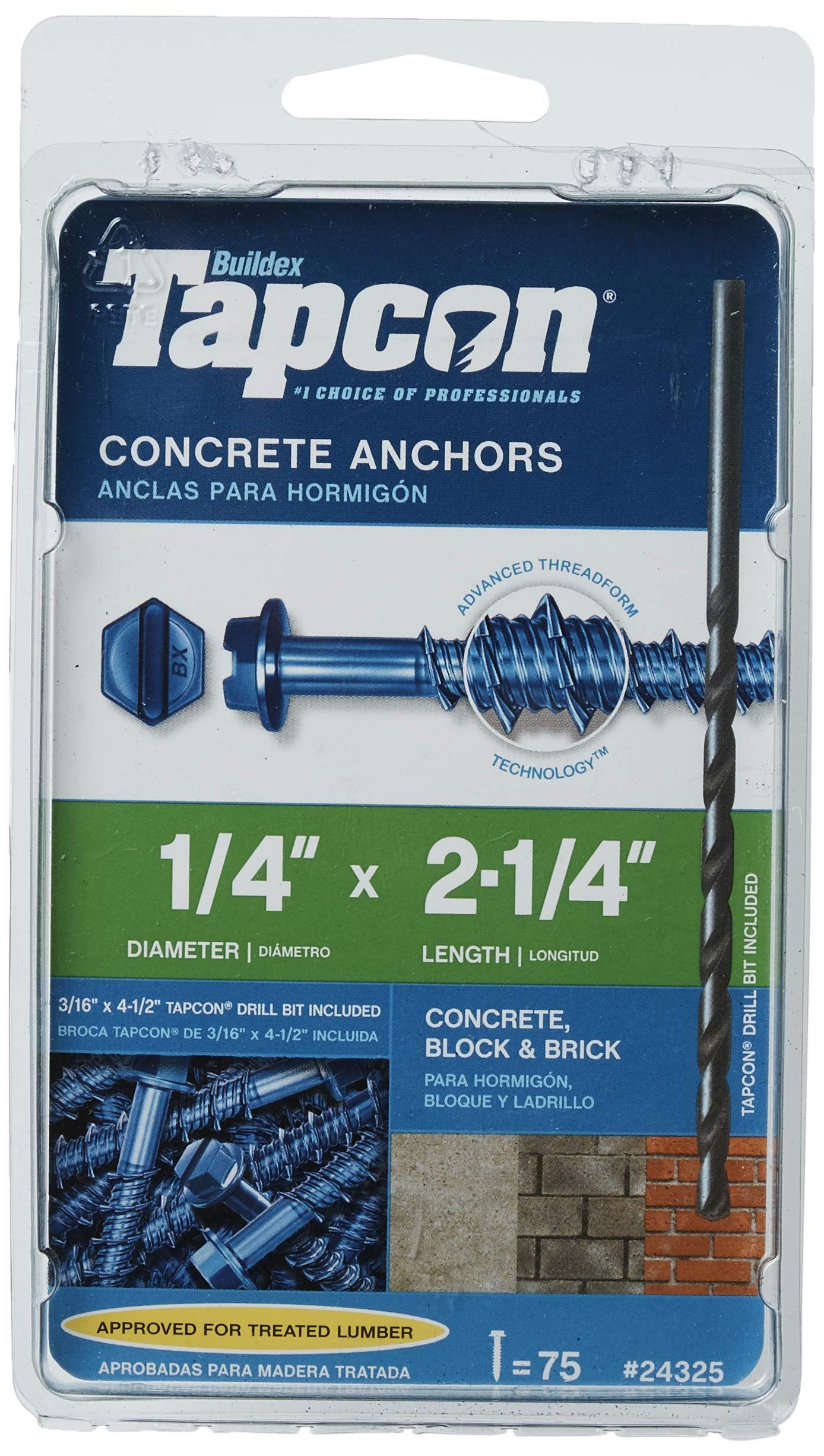 ITW Brands 24325 1/4" x 2.25", Steel, Hex Washer Head Concrete Anchors, Silver