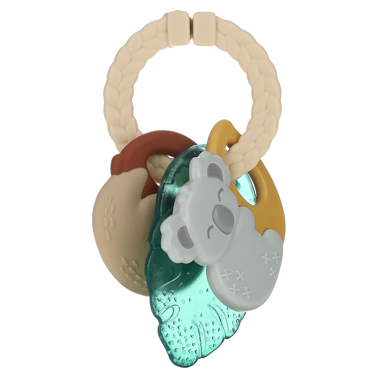 Itzy Ritzy Teething Keys Baby Teether Toy - Features a Braided Texture Ring & Keys, Includes a Water-Filled Leaf-Shaped Teether & Silicone Sloth & Koala Teething Toys, Ideal for Ages 3 Months & Up