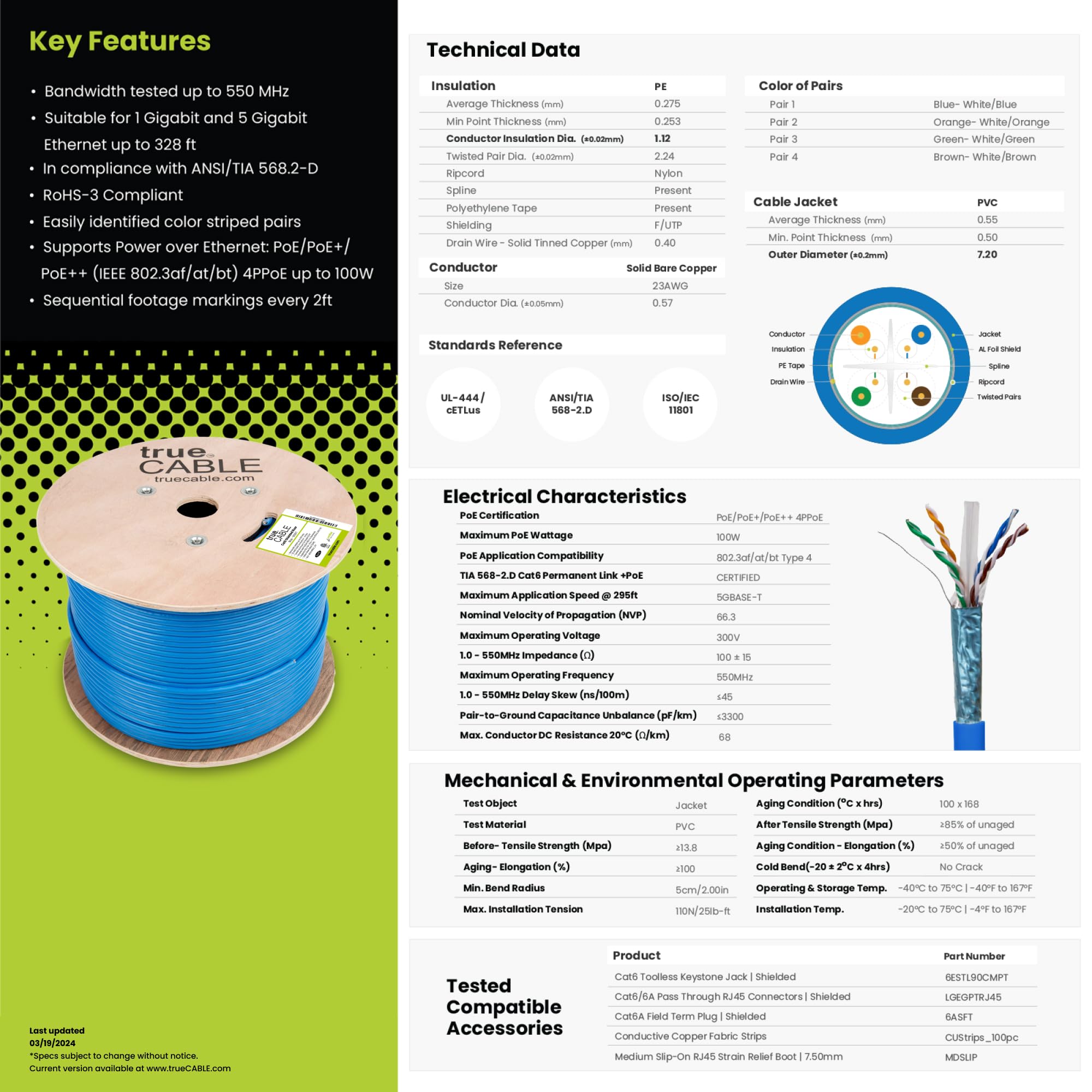 trueCABLE Cat6 Shielded Riser (CMR), 1000ft, Blue, 23AWG Solid Bare Copper, 550MHz, PoE++ (4PPoE), ETL Listed, Overall Aluminum Foil Shield (F/UTP), Bulk Ethernet Cable