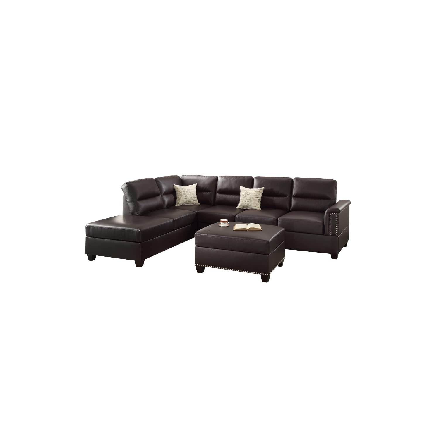 Benjara Bonded Leather Sectional Sofa With Ottoman, Brown/Espresso