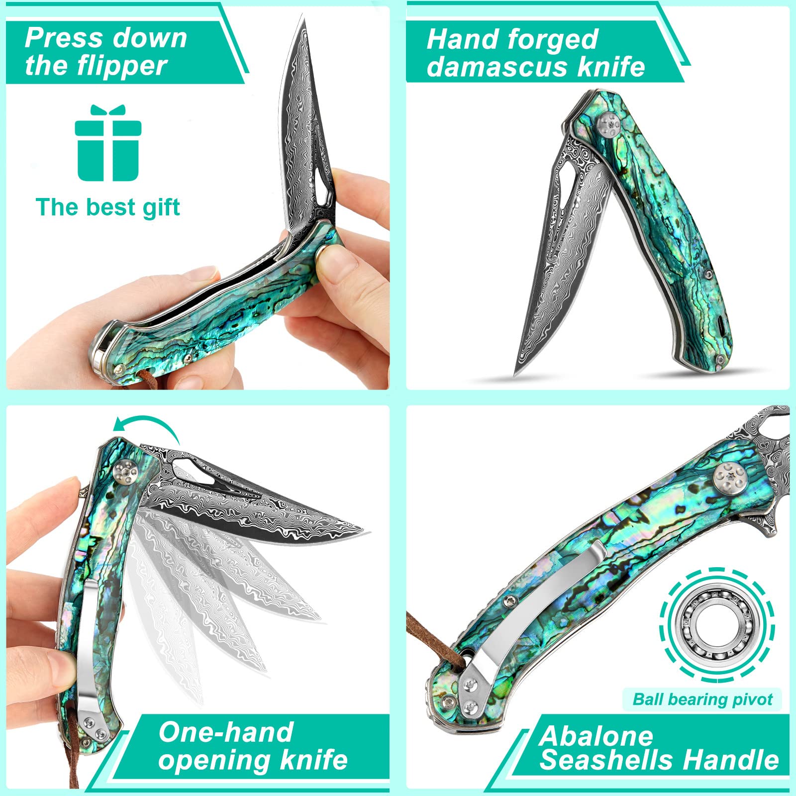 Benkey VG10 Damascus Abalone Seashells Pocket Knife and VG10 Damascus Camping Pocket Knife Bundles