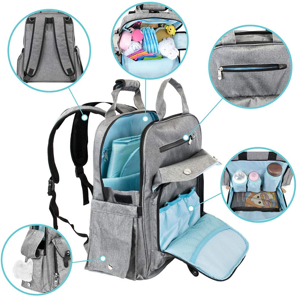 Baby Backpack Diaper Bag | Large Capacity Multi-Functional Travel Nappy Bag for Maternity Mom Dad with Changing Pad, Insulated Pockets, Stroller Straps (Light Grey)