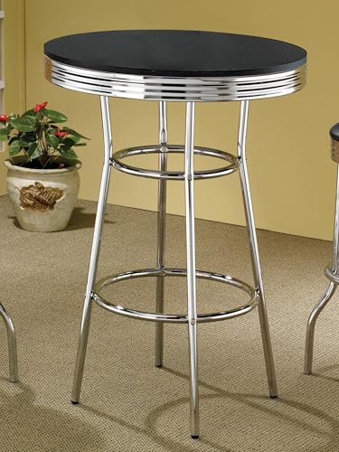 Coaster Home Furnishings Retro 1950s Soda Fountain Diner Pub Height Game Room Bar Table Black Laminate Top Sturdy Steel Chrome Base 2405
