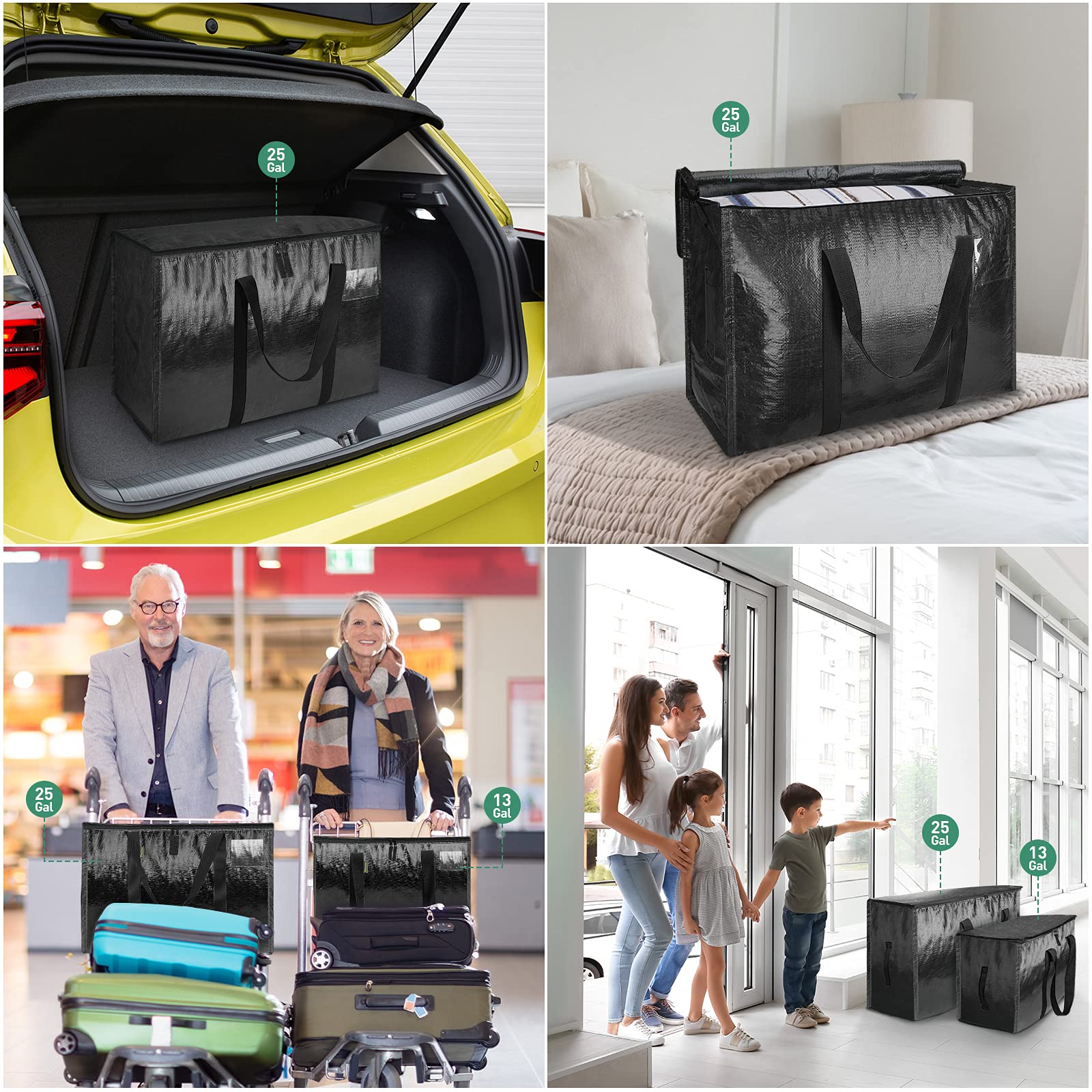 BALEINE 13 Gallon Moving Totes with Reinforced Handles, Heavy-Duty UnderBed Storage Bag for Moving Boxes, Clothes, Travel (6 Pack, Black)
