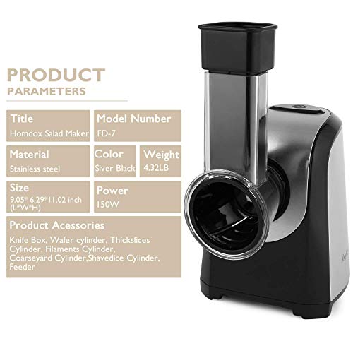 Homdox Electric Cheese Grater 5 in 1 Professional Electric Shredder Vegetable silcer 150W One-Touch Control Salad Maker for Cheese, Chocolate, Fruits, Vegetables