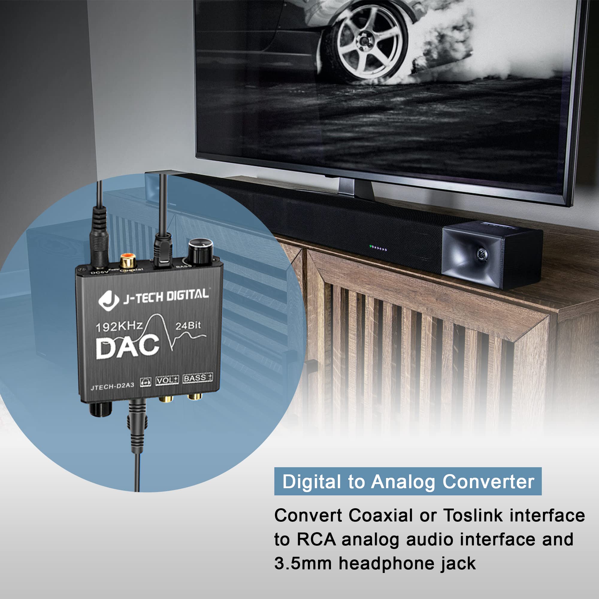 J-Tech Digital Digital to Analog Audio Converter with Headphone Amplifier & Bass, Volume Control | 192kHz 24bit Optical Coaxial RCA 3.5mm [JTECH-D2A3]