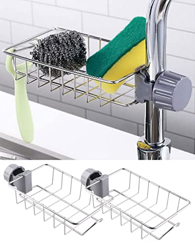 NCARSTER Stainless Steel Faucet Rack for Kitchen Sink, 2 PCS Kitchen Sink Caddy Sponge Holder Organizer, Shower Shelf Rack Organizer (Silver)