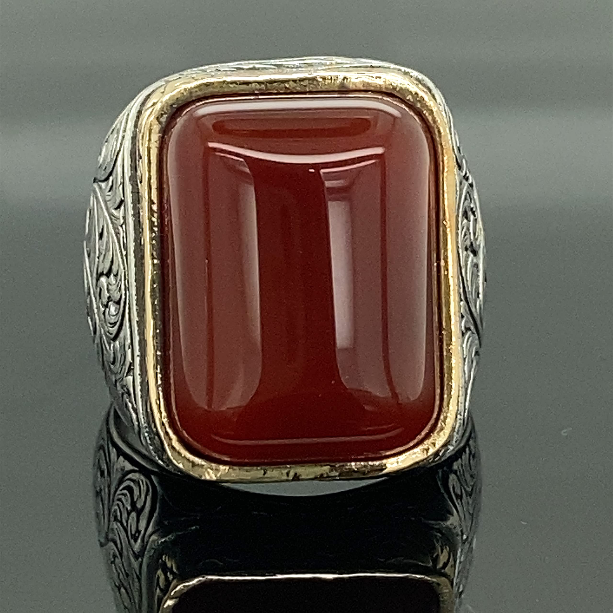 Men Handmade Ring, Red Agate Ring, Dark Aqeeq Gemstone Ring, Ottoman Style Ring, 925k Sterling Silver, Gift For Him