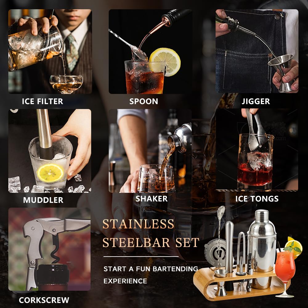 Bartender Kit: 10-Piece Bar Tool Set with Bamboo Stand | Perfect Home Bartending Kit and Martini Cocktail Shaker Set for a Perfect Drink Mixing Experience | Fun Housewarming Gift (Silver)
