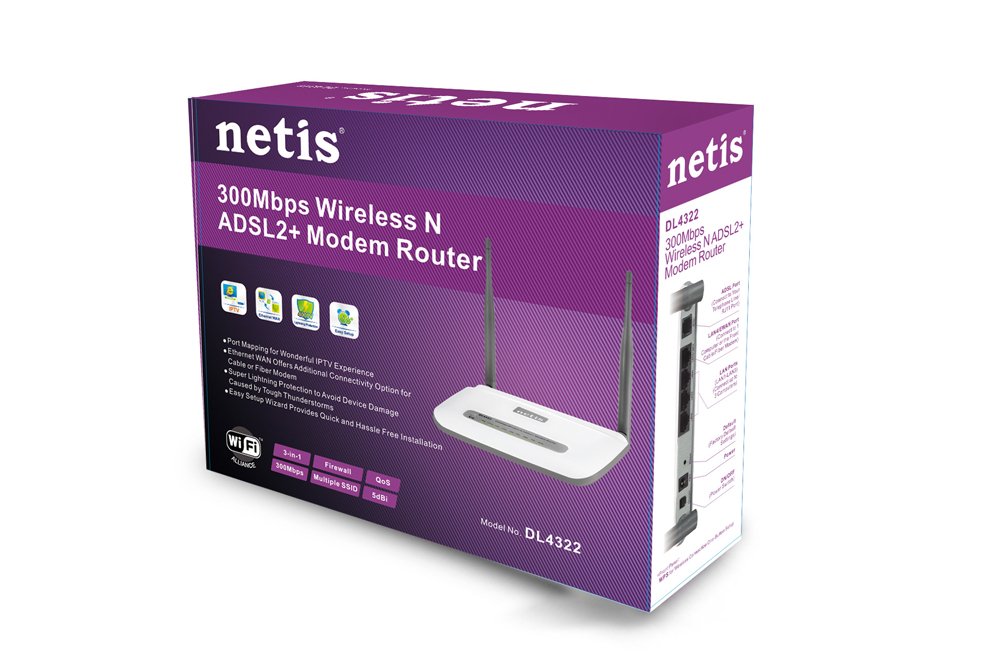 Netis DL4323 300Mbps High-Speed Wireless N ADSL2 and Modem Router Combo | 4-Port NAT Router and Wireless N Access Point with High Gain Antenna