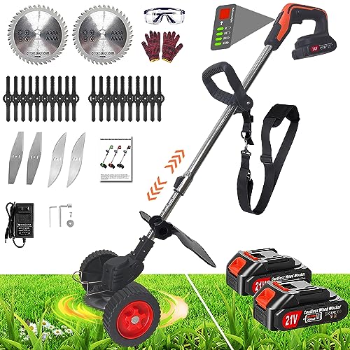 Electric Weed Wacker Cordless Weed Eater Battery Powered, 24V/2000mAh Brush Cutter with 4 Types Blades, Lightweight Wheeled Grass Trimmer/Weed Trimmer/Lawn Edger for Garden Yard(with Shoulder Strap)