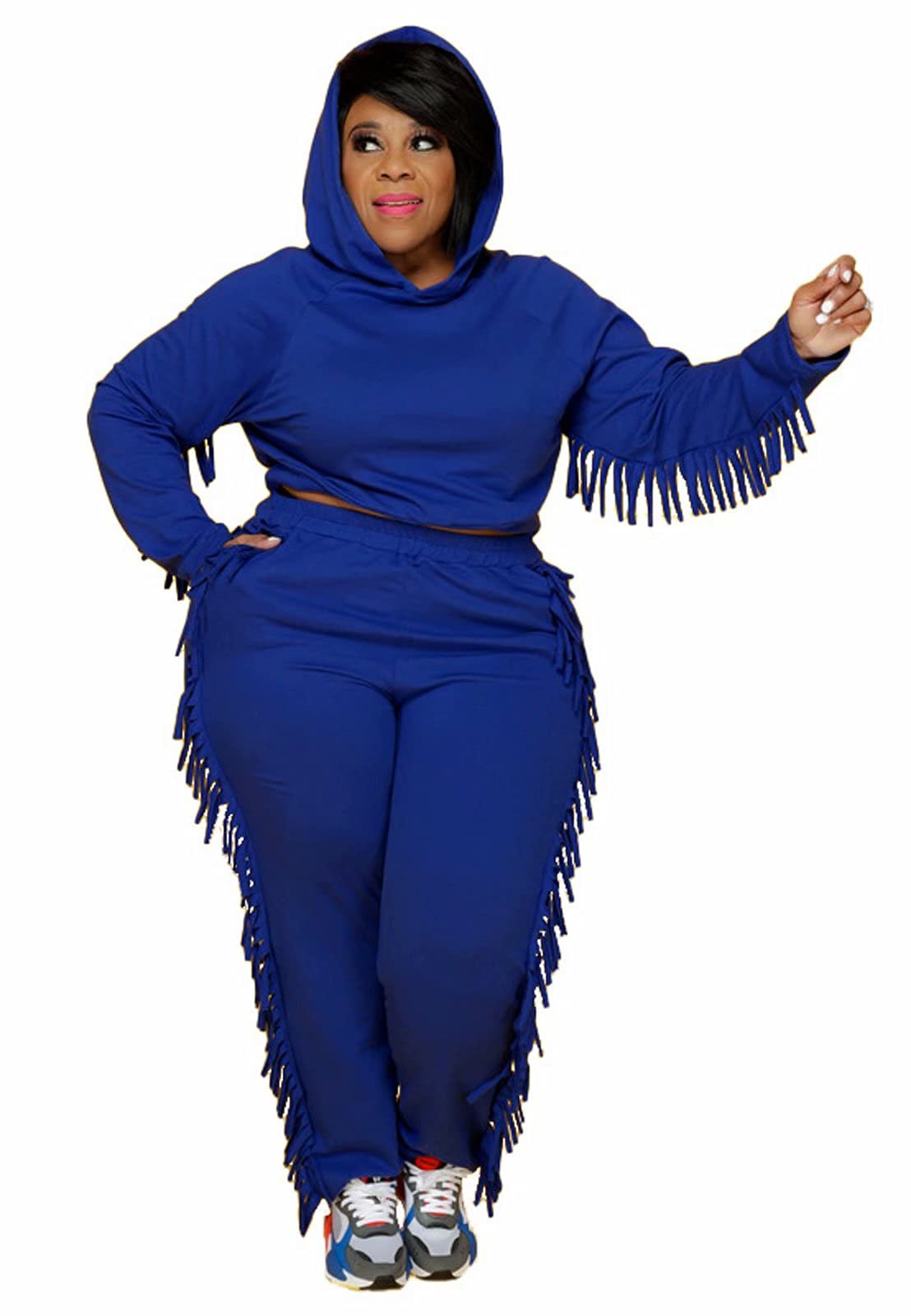 Aro Lora Womens Plus Size 2 Piece Outfit Casual Tassels Pullover Hoodies and Long Pant Tracksuit Set 3X-Large Blue