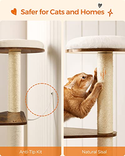 Feandrea WoodyWonders Cat Tree, 65-Inch Modern Cat Tower for Indoor Cats, Multi-Level Cat Condo with 5 Scratching Posts, Perch, Washable Removable Cushions, Cat Furniture, Rustic Brown UPCT166X01
