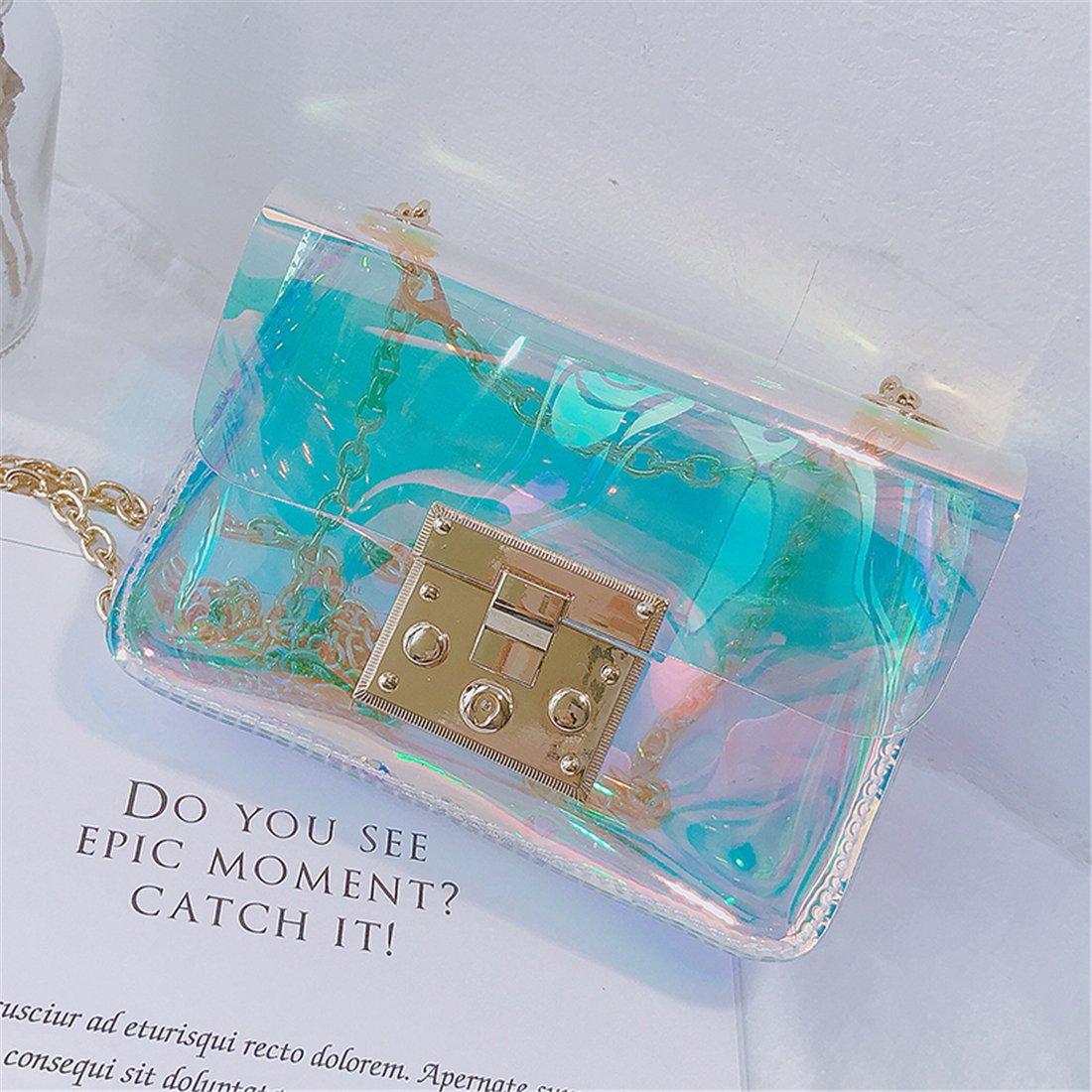 Holographic Clear Purse Crossover Shoulder Messenger Bag Laser Sling Purse with Golden Chain, Transparent