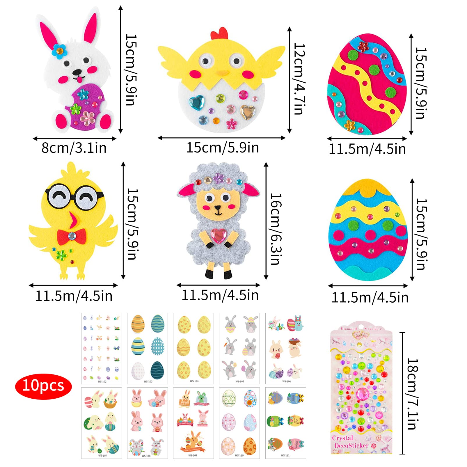 mengooo Easter Craft Kits for Kids,6 Pieces DIY Rabbit Felt Craft Ornaments,Easter Spring Party Decorations,Felt for Kids Wall,DIY Decals Art Ornaments Gift for Kids Window Scrapbook